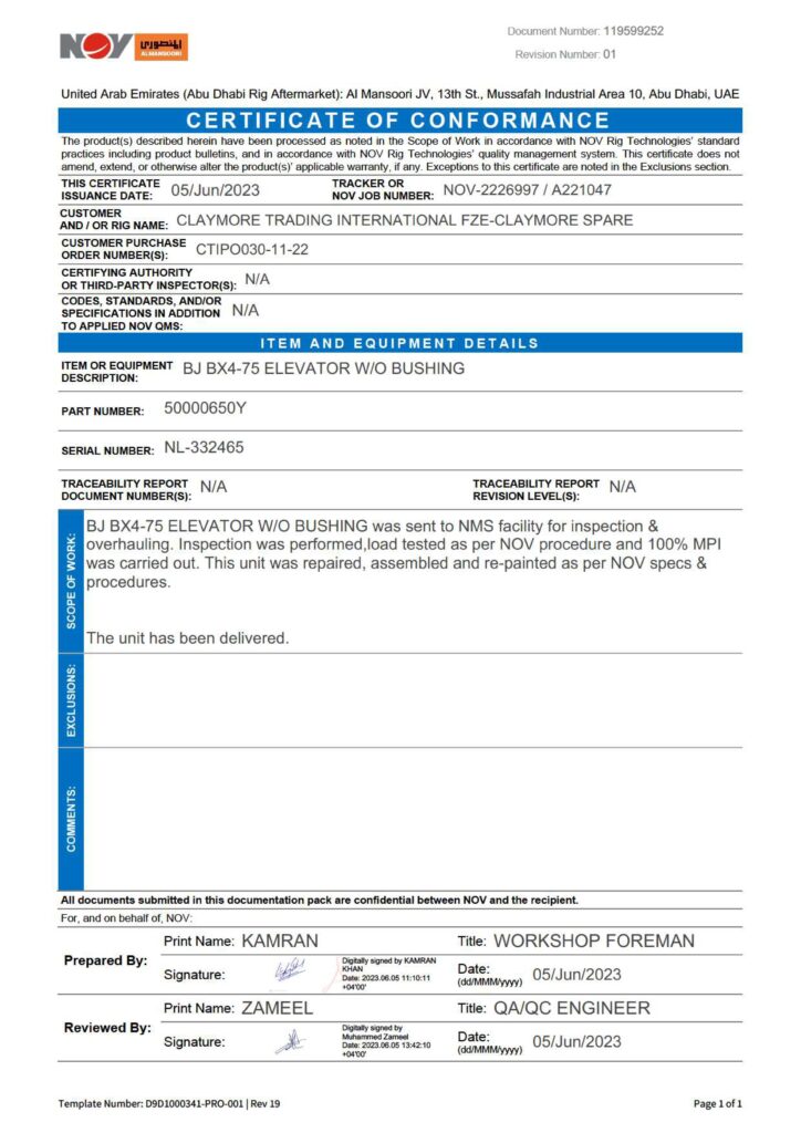 CERTIFIED NOV BX4-75 ELEVATOR – Claymore